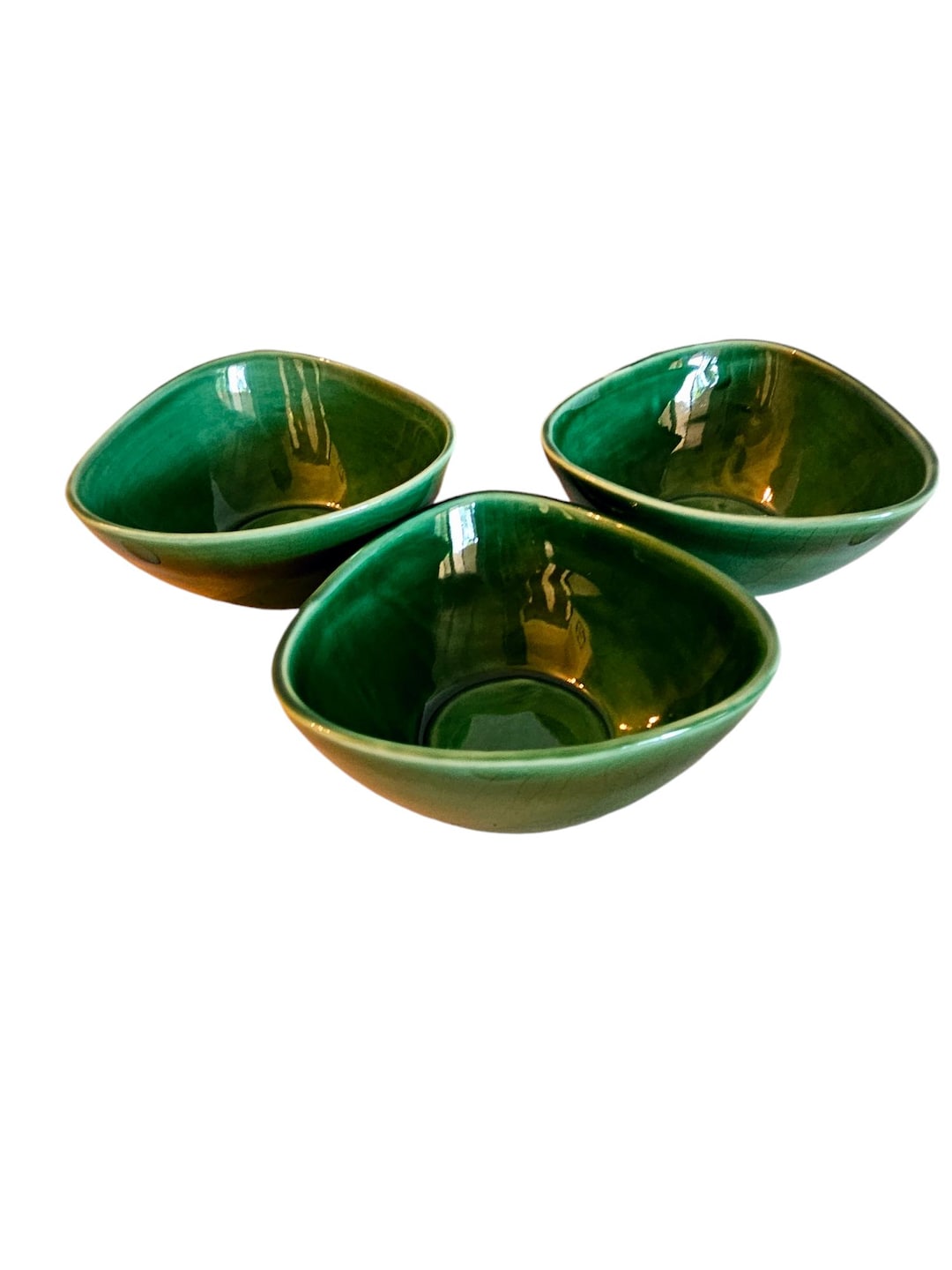 3 Green Ceramic Bowls, Green Bowls, Triangle Bowls, Berry Bowls, Green ...