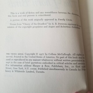 The Thorn Birds by Colleen Mcculough, 1977 Harper & Row Publishers, the ...