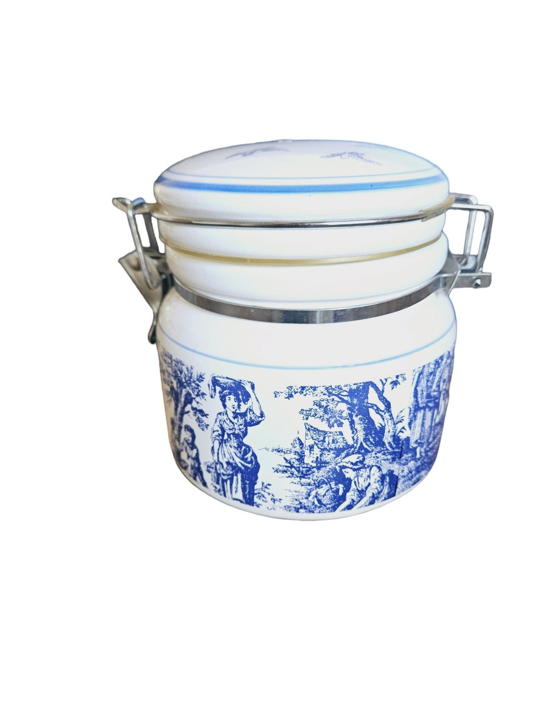 Vintage Blue & White Jar, Kitchen Storage Jar With Hinged Lid, Covered ...
