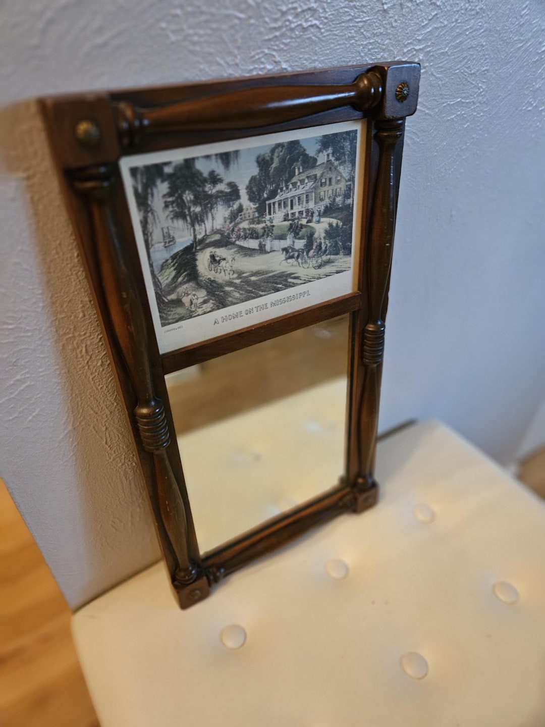 Vintage Mirror With Currier & Ives Print, Wooden Frame With Mirror and ...