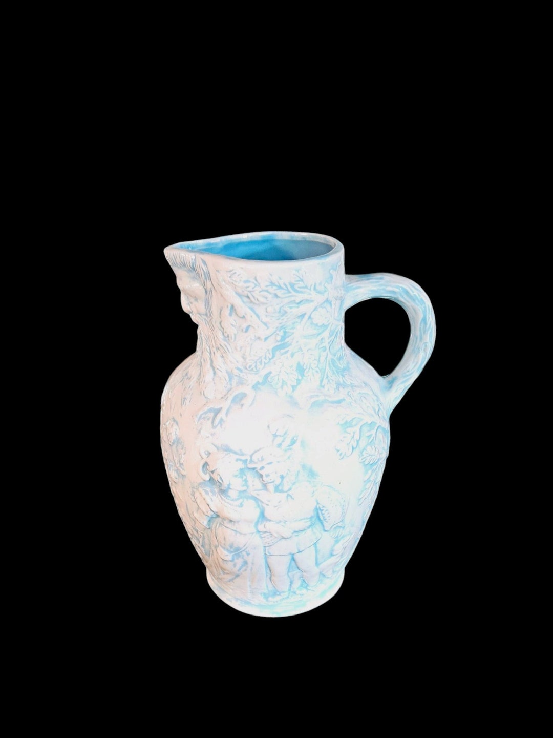 Vintage Raised Relief Ceramic Pitcher, 10" Blue and White Renaissance ...
