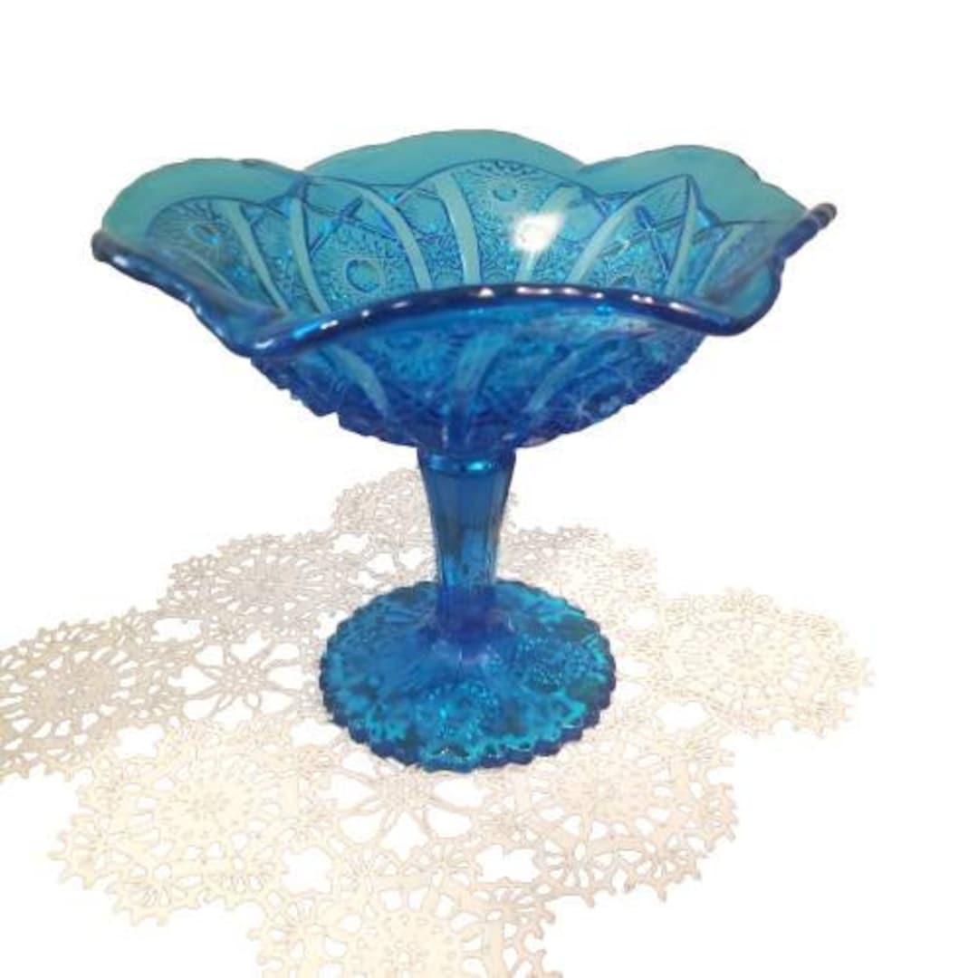 Vintage Blue Glass Compote Pedestal Bowl, Fruit Bowl, Cookie Bowl ...