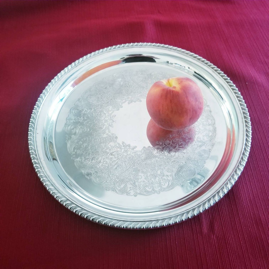 WM Rogers Silver Plated Tray, Engraved Serving Tray, Round Platter ...