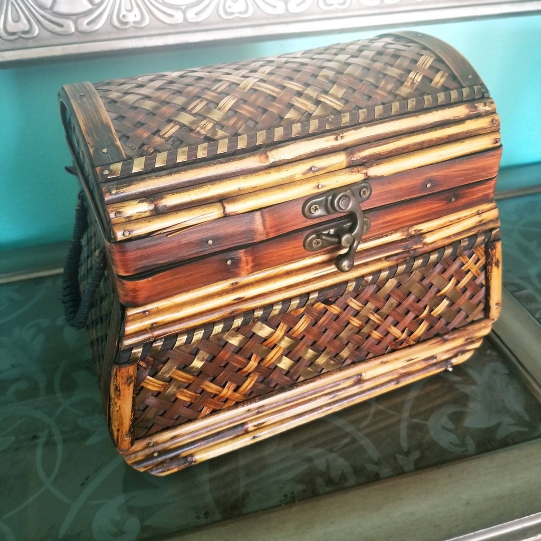 Vintage Wicker Trinket Box With Handles, Storage Chest Box, Decorative ...