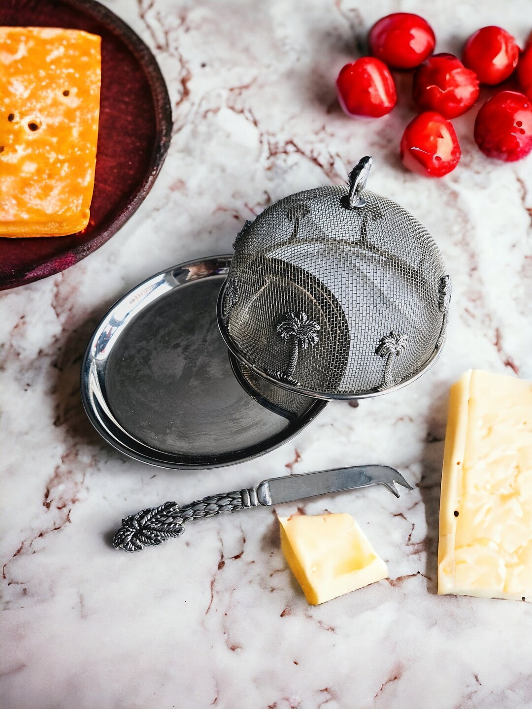 Vintage Cheese Tray With Mesh Lid and Cheese Fork, Silver Plate Cheese ...