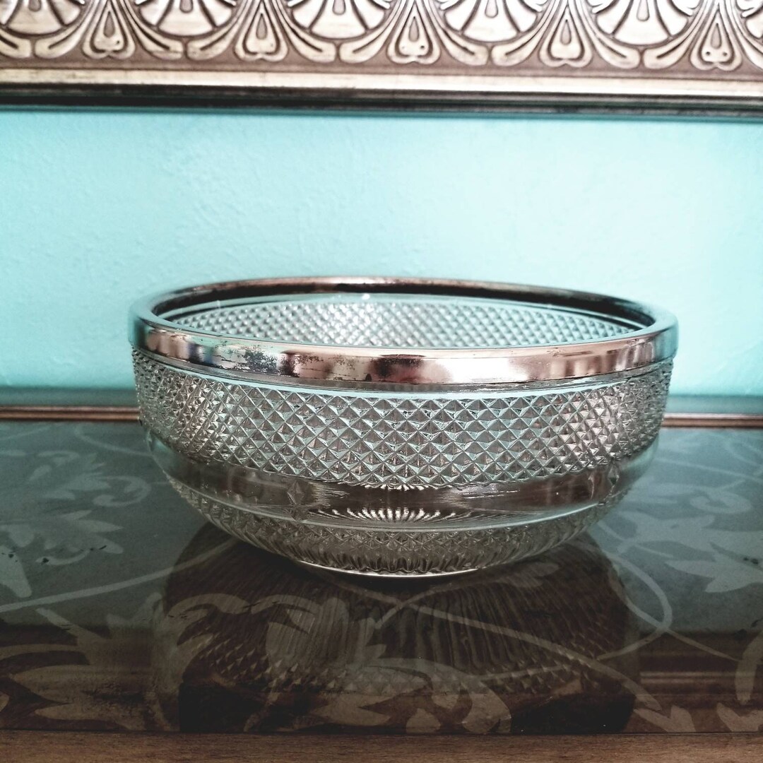 Vintage Anchor Hocking Glass Bowl With Silver Plate Rim, Cut Glass Bowl ...