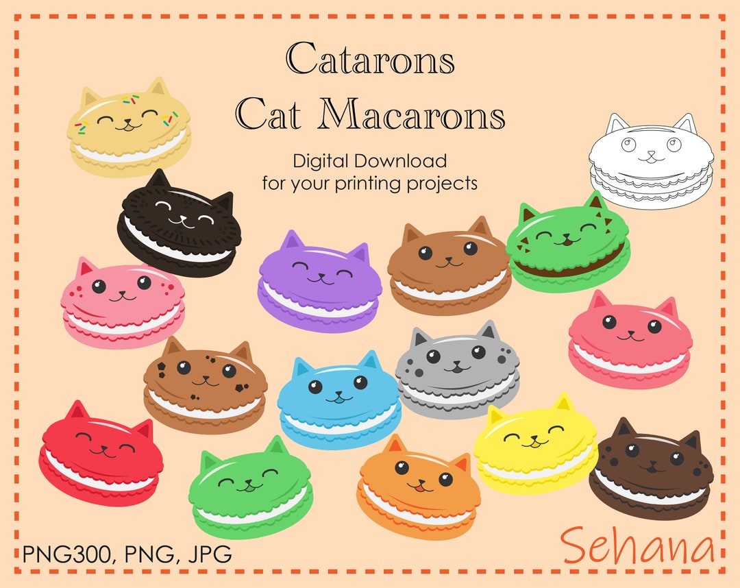 Sweet Cute Kawaii Catarons Cat French Macarons Pastry Clipart Digital ...