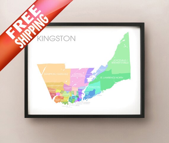Kingston ON Map Coloured Neighbourhoods Print | Etsy