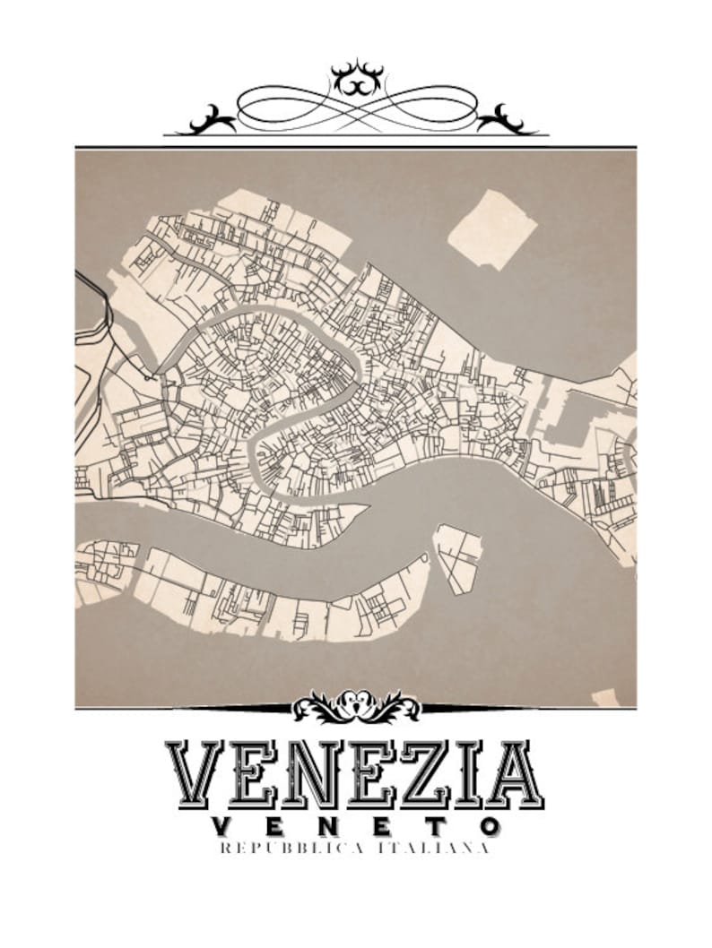 Venezia Vintage Style Sepia Map Art Print - Venice, Italy City Map ...
