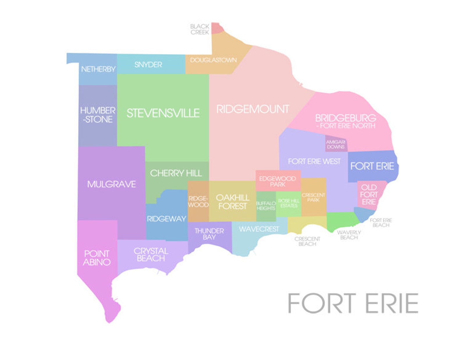 Fort Erie ON Map Coloured Neighbourhoods Print | Etsy