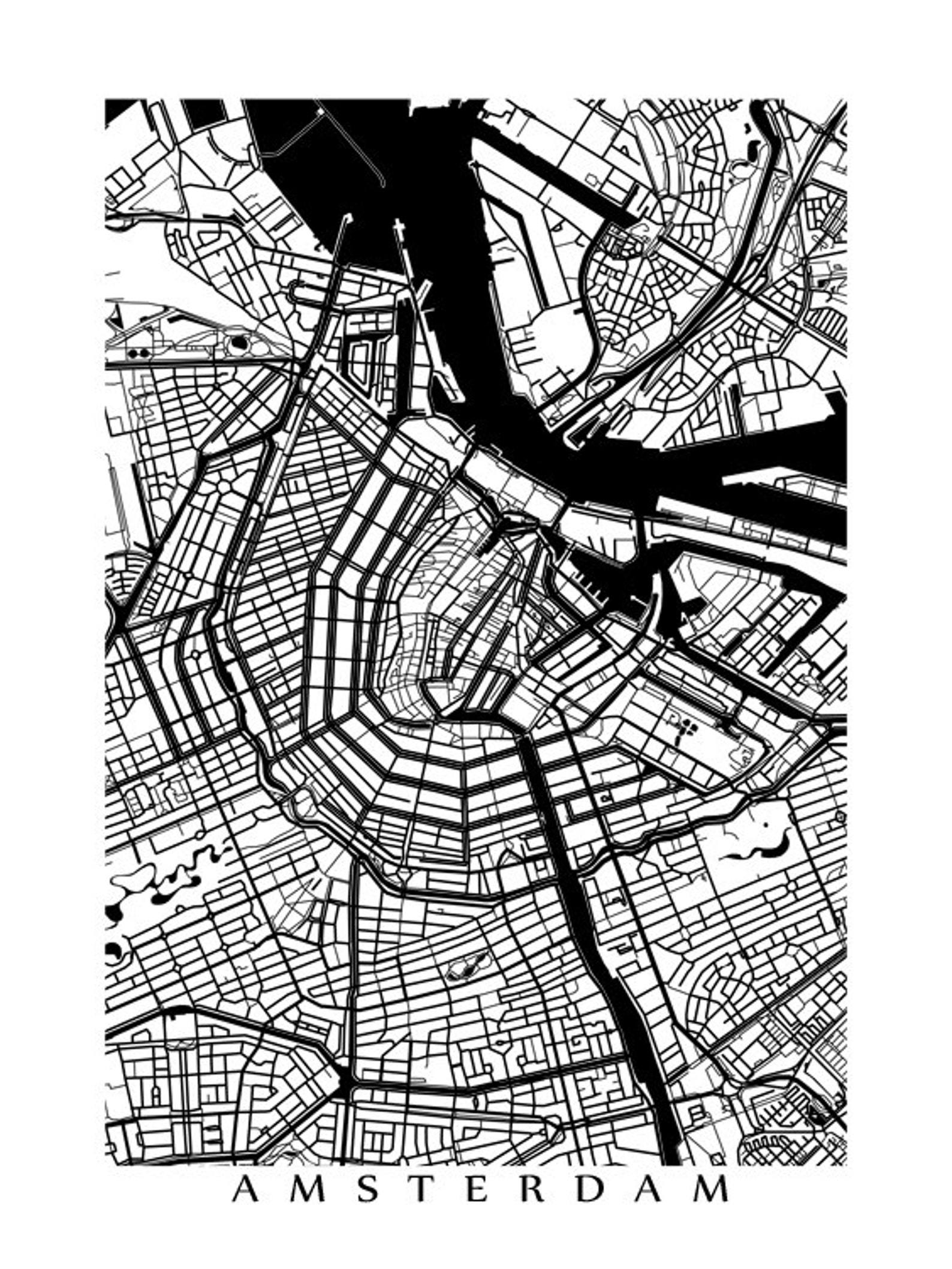 Amsterdam City Map, Netherlands Poster, Black and White - Choose Your ...