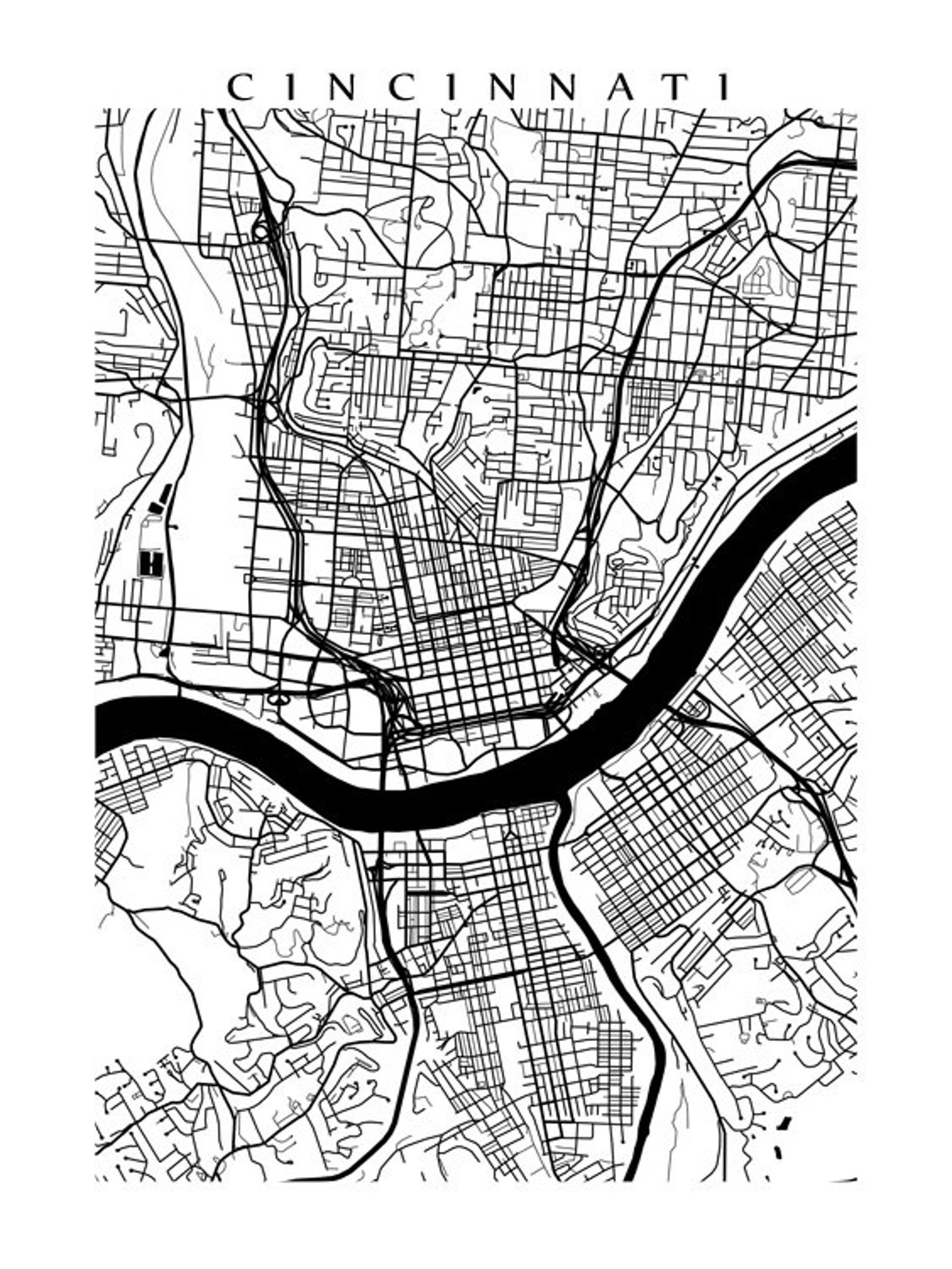 Cincinnati Map Ohio Poster Print Black and White - Etsy
