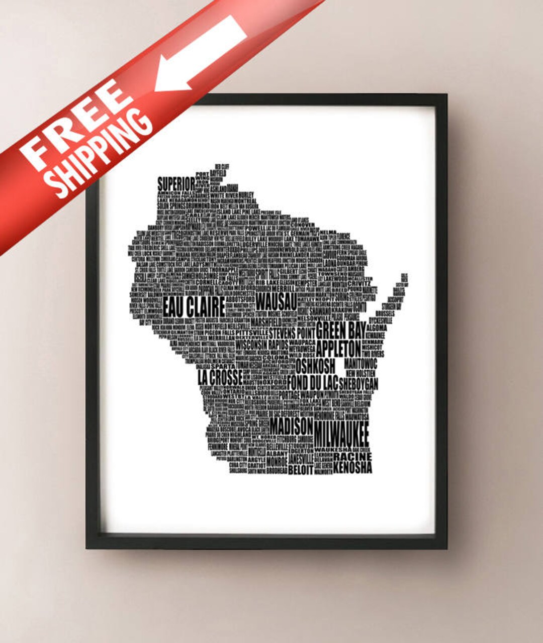Wisconsin Typography Map, Wisconsin State Text Art Print - Etsy