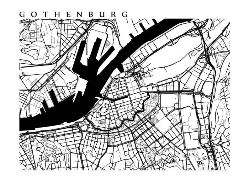 Gothenburg Map - Sweden Poster - Göteborg, Sverige - Black and White - Etsy