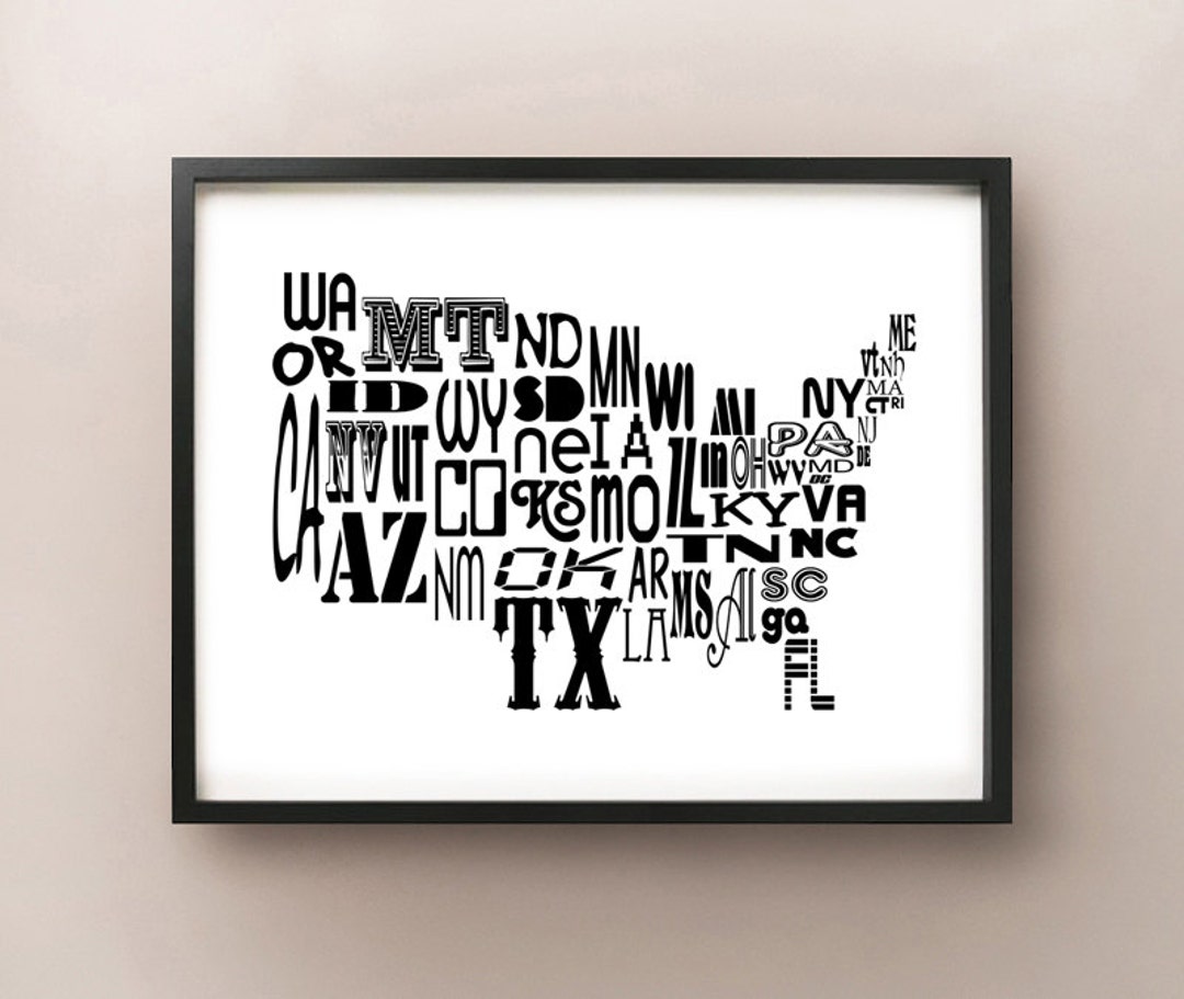 US Stylish State Code Typography Map Print - Etsy