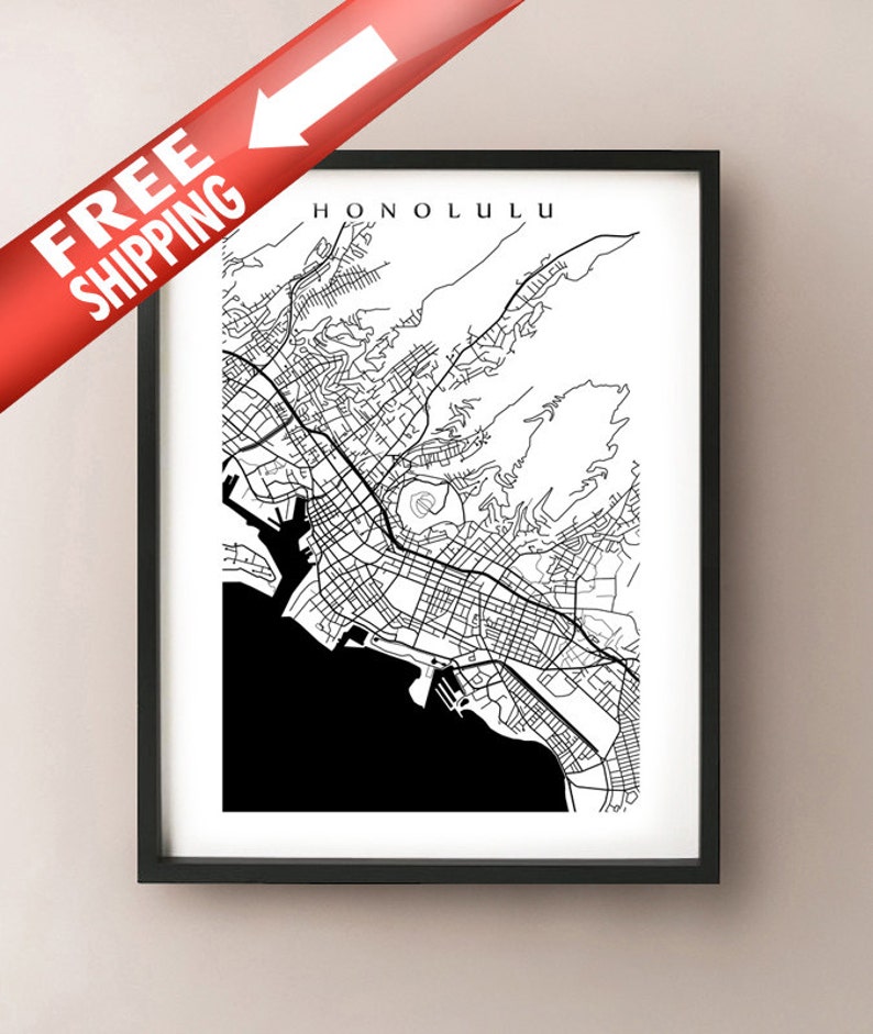Honolulu Map Print Hawaii Poster Oahu Choose Your Size - Etsy