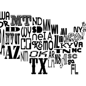 US Stylish State Code Typography Map Print - Etsy