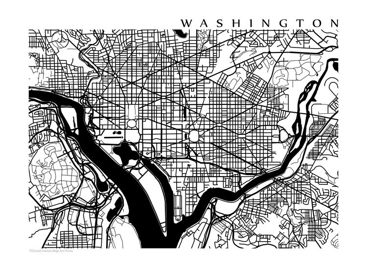 Washington DC City Map Art Print Black and White | Etsy