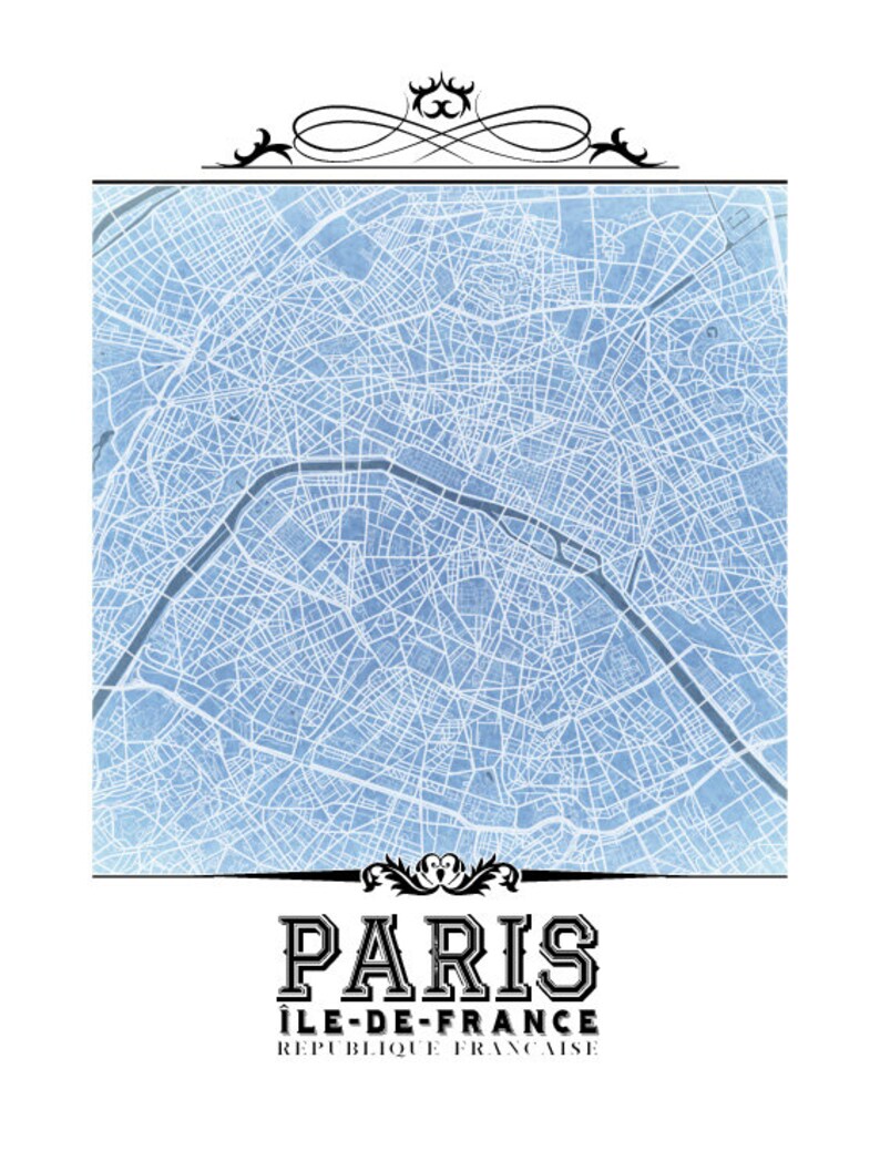 Paris Vintage Style Blueprint Map Art Print Paris France | Etsy