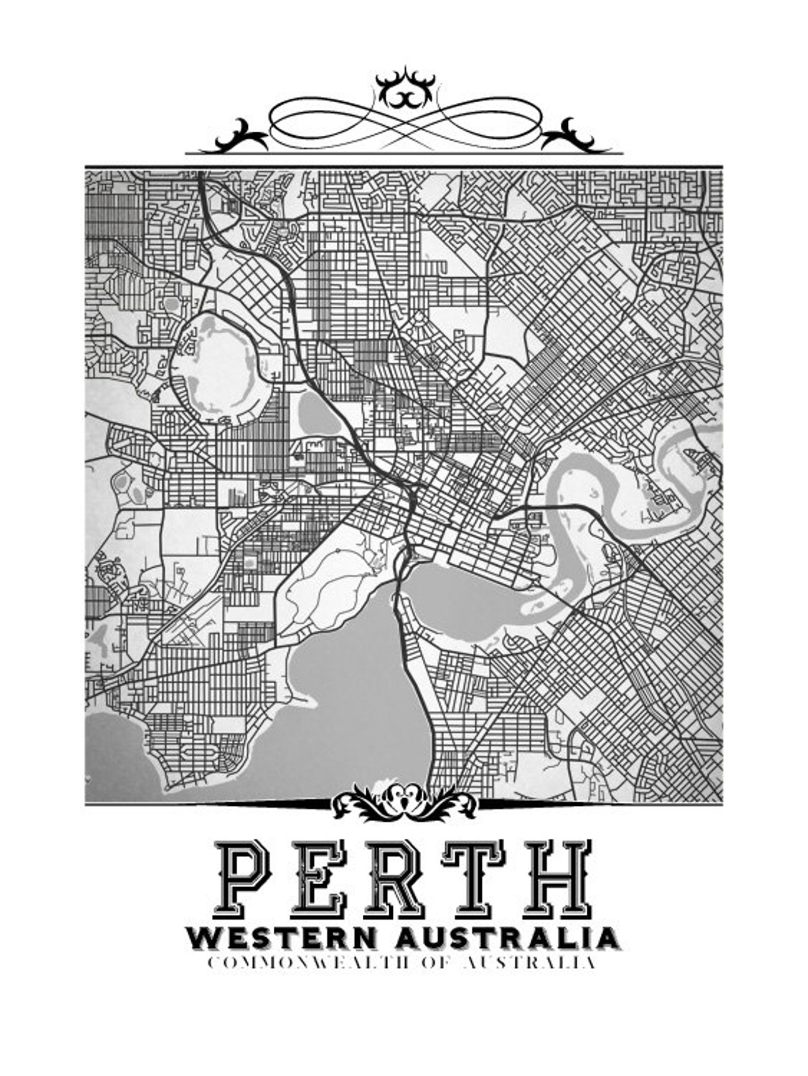 Perth Vintage Style Black & White Map Art Print Perth - Etsy