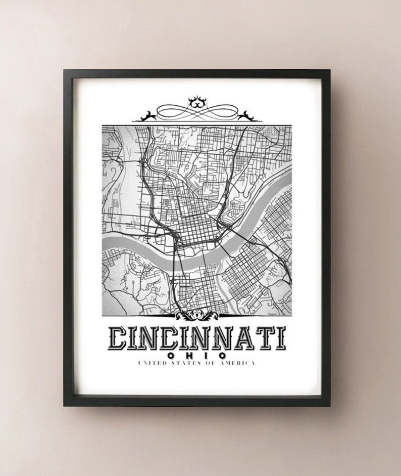Cincinnati Map Art Print: Vintage Style Black & White City Decor - Etsy