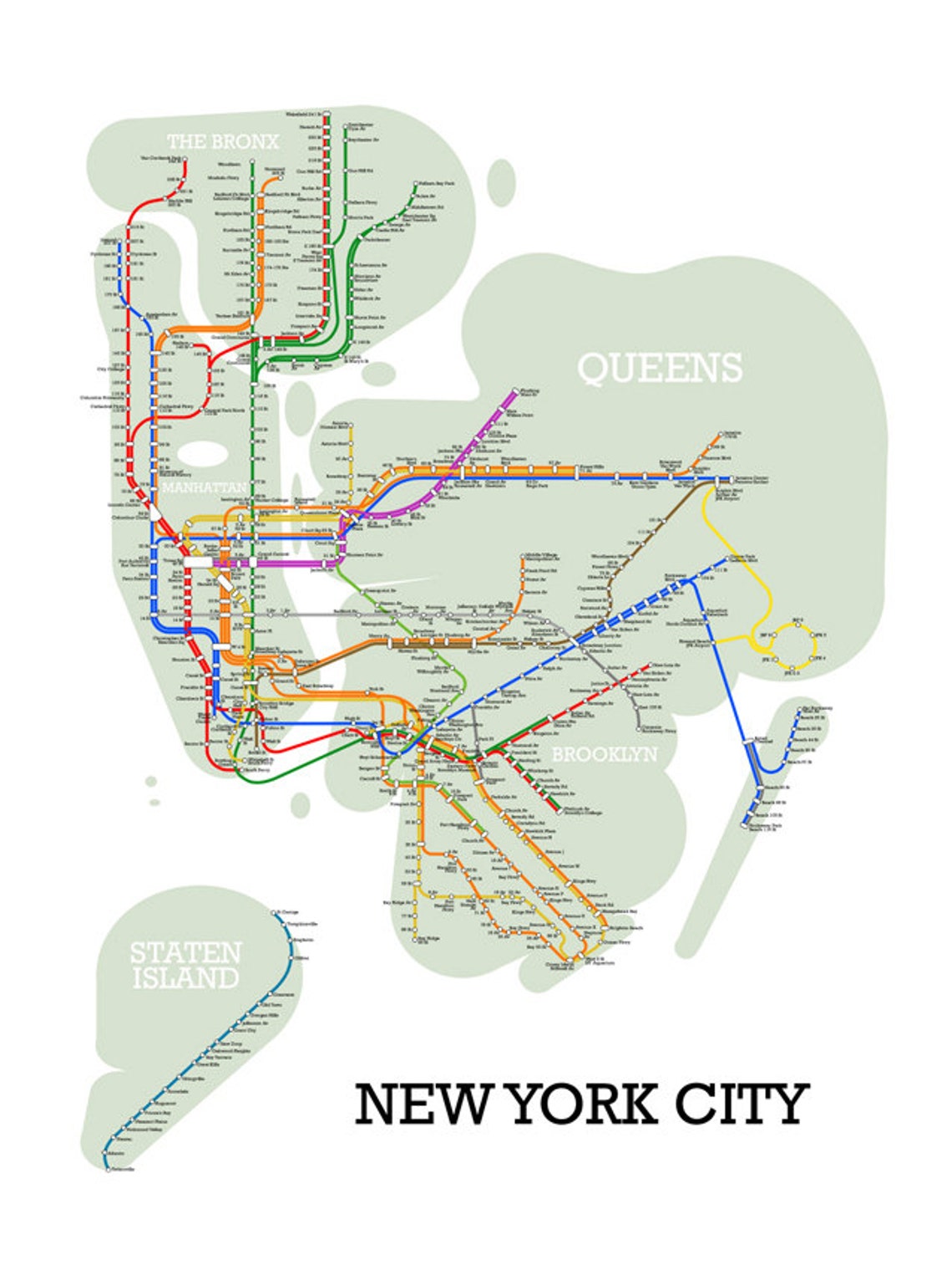 New York City Metro Subway Style Map Art Print - Etsy