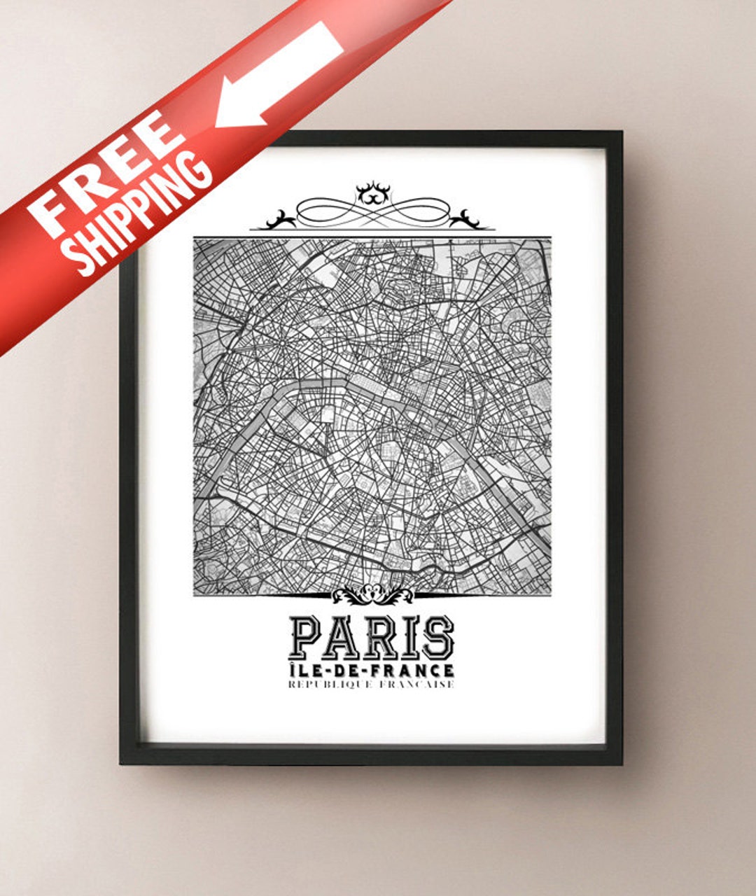 Paris Map Art Print: Vintage Black & White City Decor - Etsy