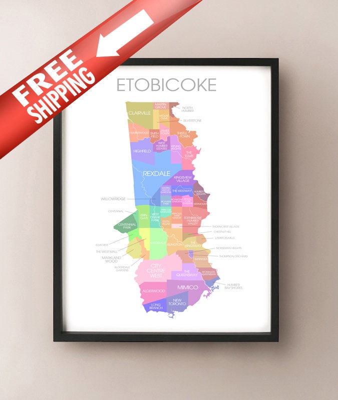 Etobicoke, Toronto, ON Map - Coloured Neighbourhoods Print - Etsy