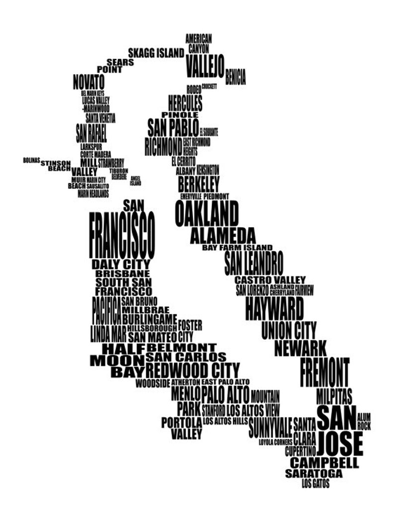 San Francisco Bay Area Typography Map California Text Art | Etsy