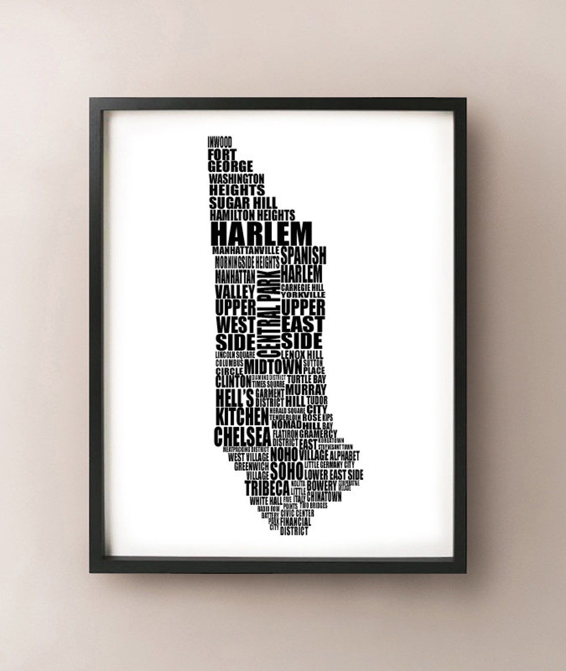 Manhattan Typography Map - New York City Neighborhood - NYC, Central ...