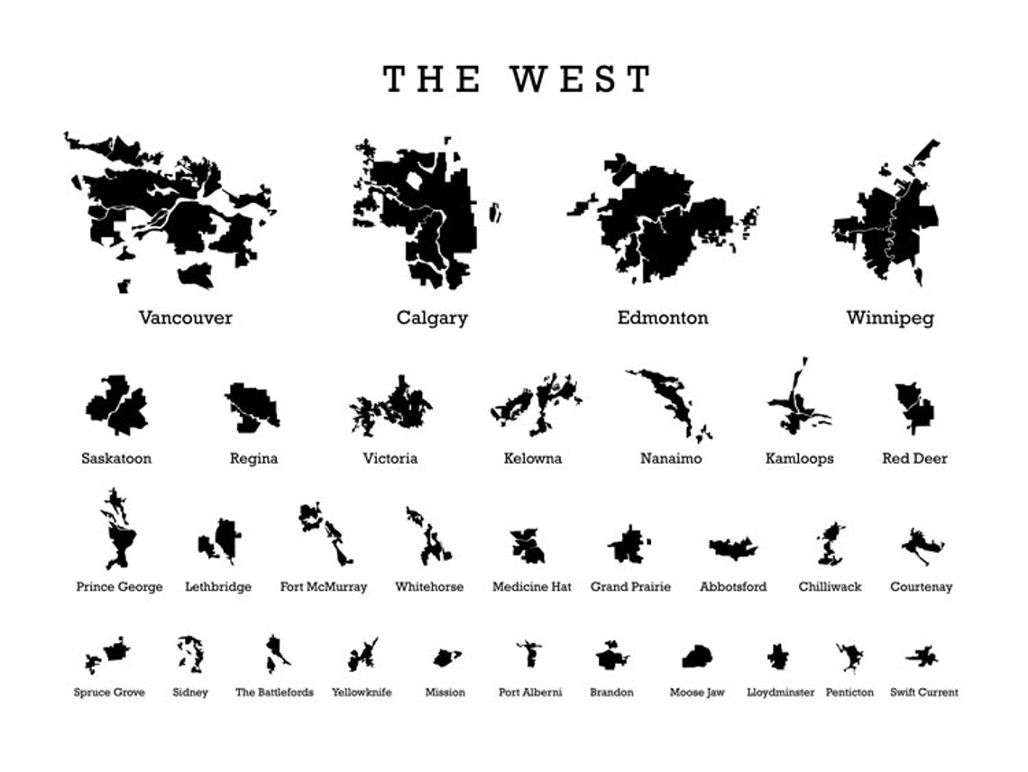 Western Canada Cities Silhouette Map Print - Etsy