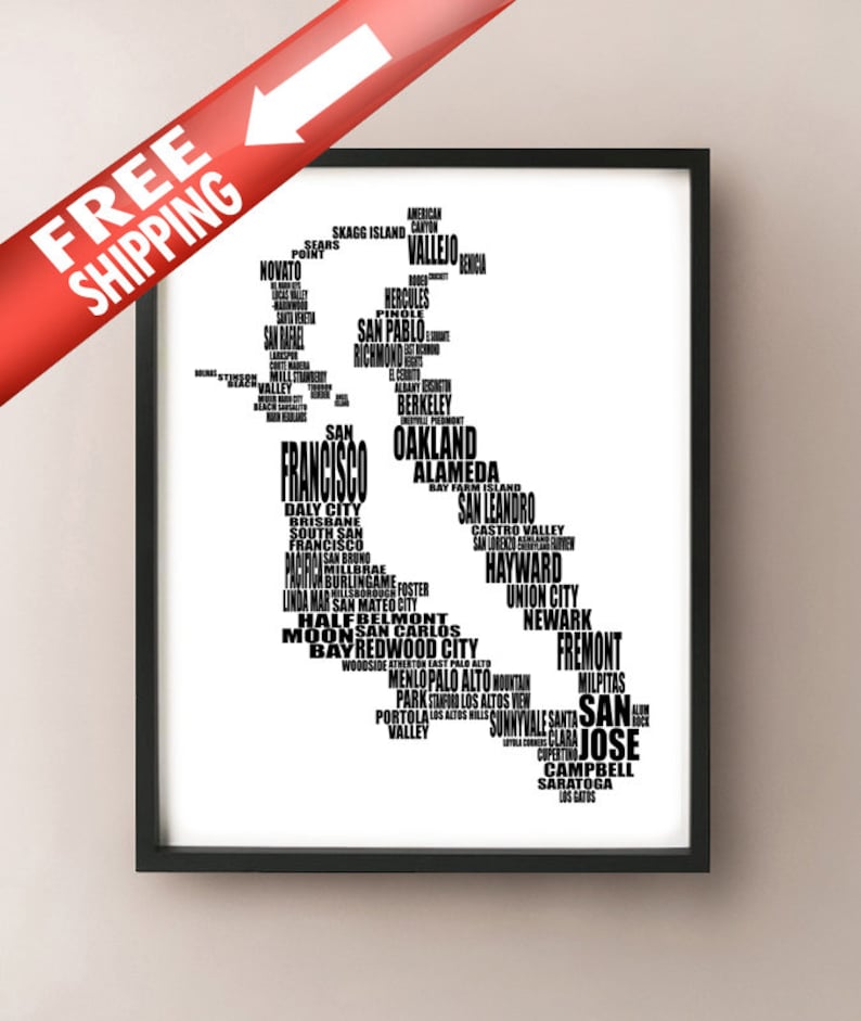 San Francisco Bay Area Typography Map, California Text Art Print - Etsy