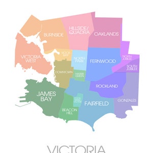 Victoria, BC Map - Coloured Neighbourhoods Print - Etsy