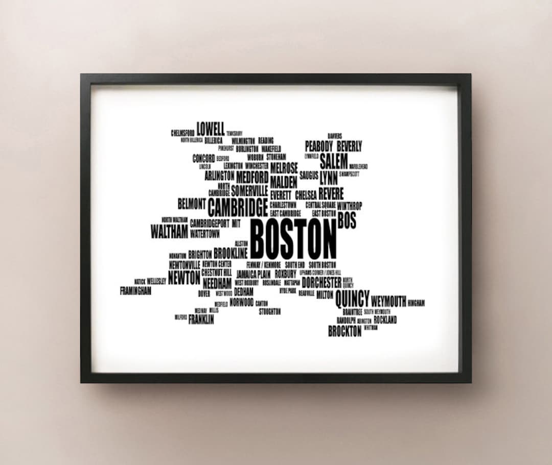 Boston Typography Map, Greater Boston Text Art Print, Boston ...