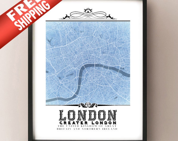 London Vintage Style Blueprint Map Art Print - London, England City Map ...