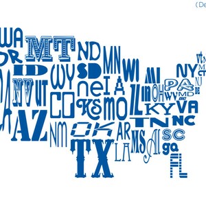 US Stylish State Code Typography Map Print - Etsy