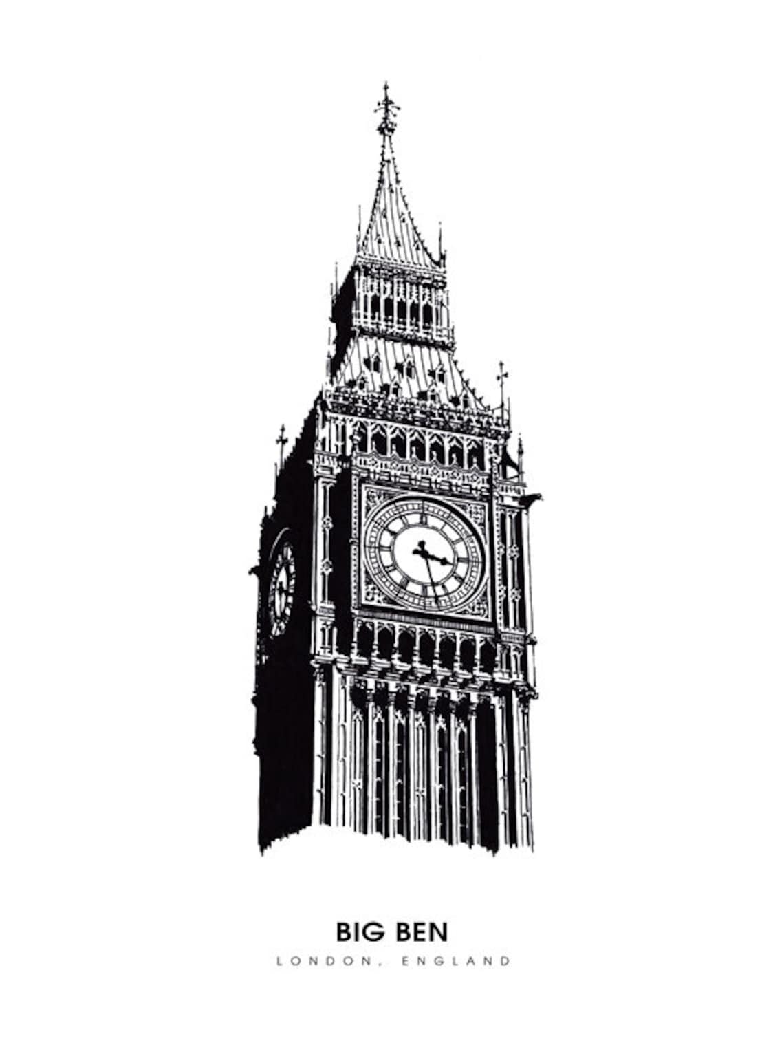 Big Ben, Elizabeth Tower - Ink Drawing Print - Clock Tower, London ...