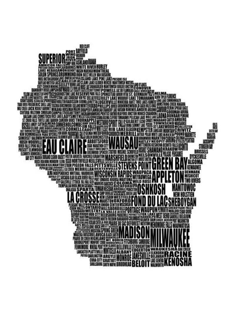 Wisconsin Typography Map, Wisconsin State Text Art Print - Etsy