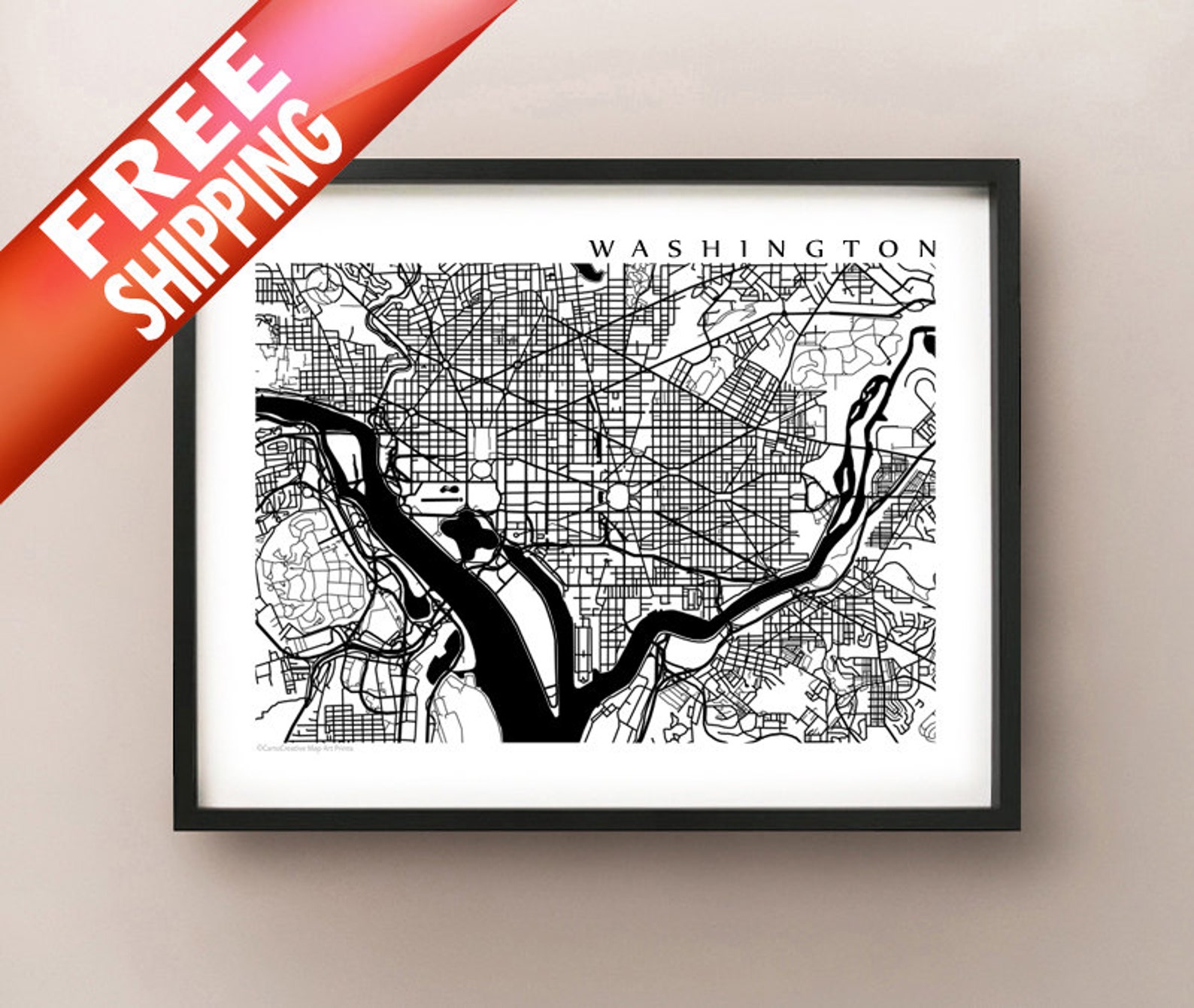 Washington DC City Map Art Print Black and White - Etsy