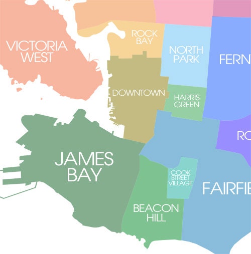 Victoria BC Map Coloured Neighbourhoods Print | Etsy Canada