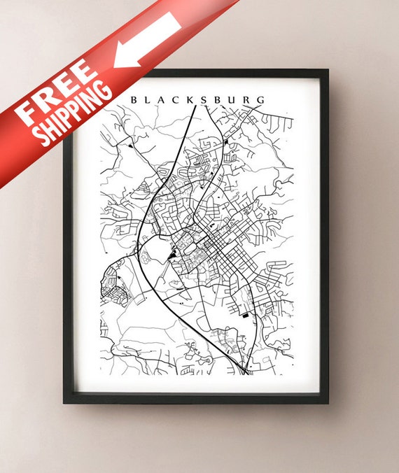 Blacksburg Map Art Virginia Poster Print Black and White | Etsy