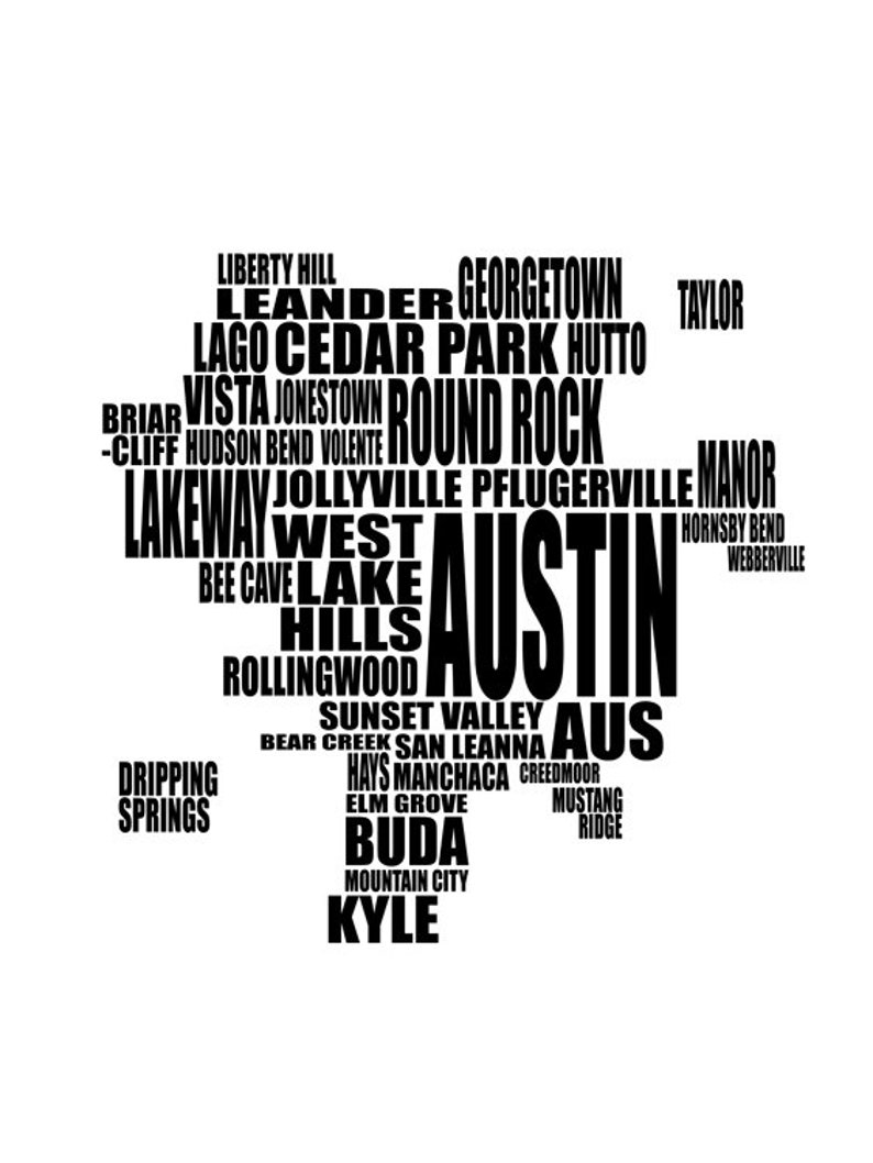 Austin Typography Map Greater Austin Texas Text Art Print - Etsy