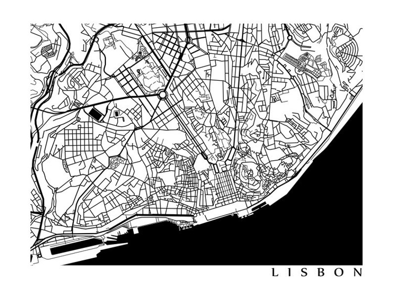 Lisbon Map - Black and White Wall Art, Lisboa, Portugal Art Poster - Etsy