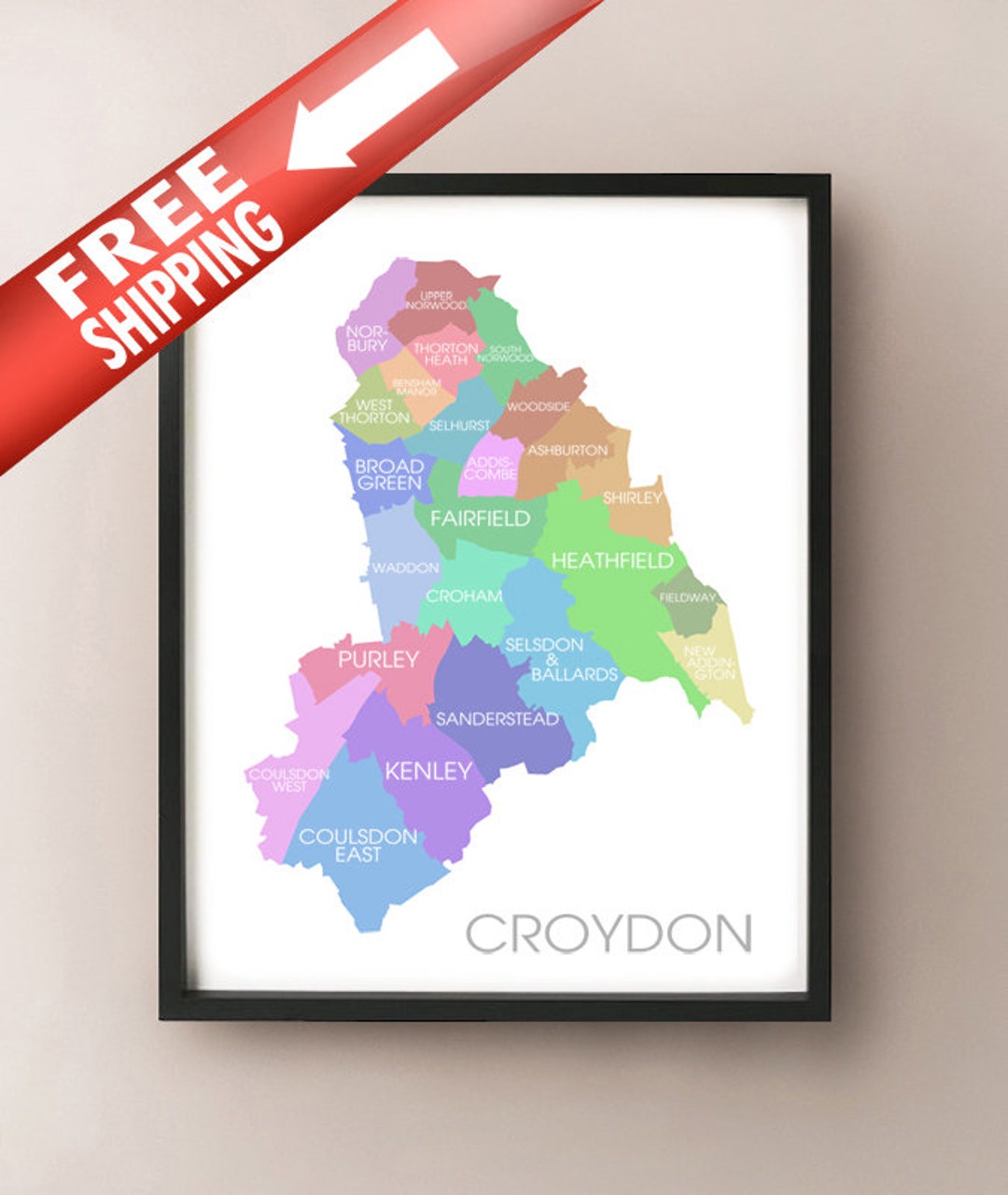 Croydon, London Map - UK, England Coloured Neighbourhoods Print - Etsy