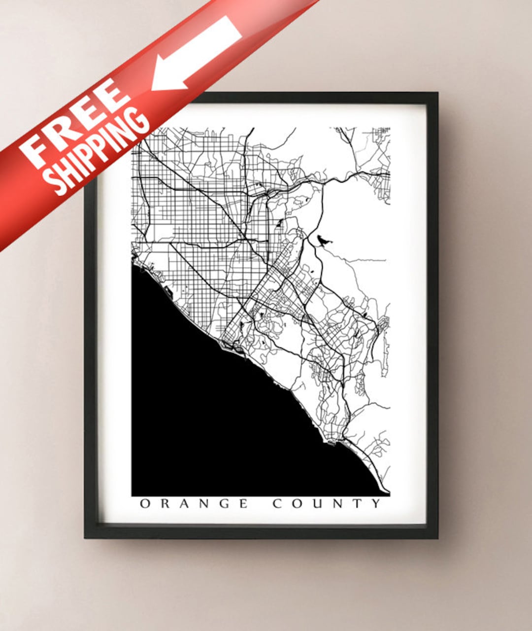 Orange County Map Art Poster Print - Black and White - Anaheim ...