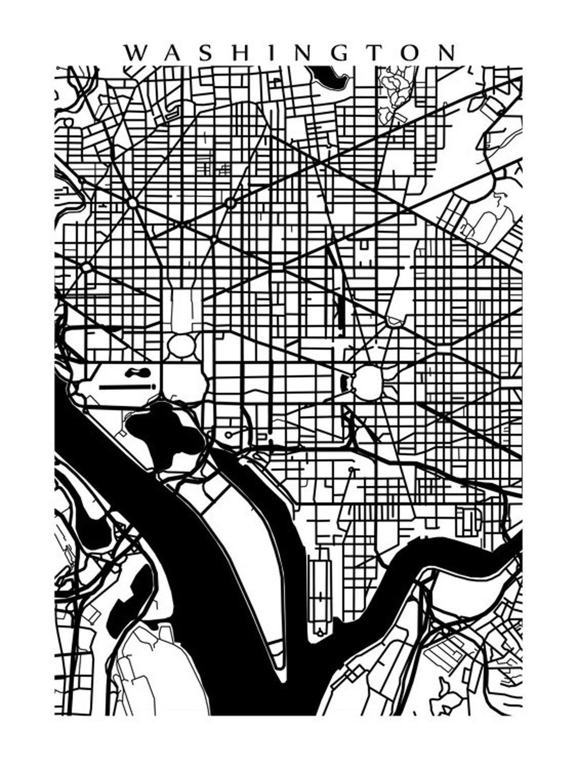 Washington DC City Map Art Print Black and White - Etsy