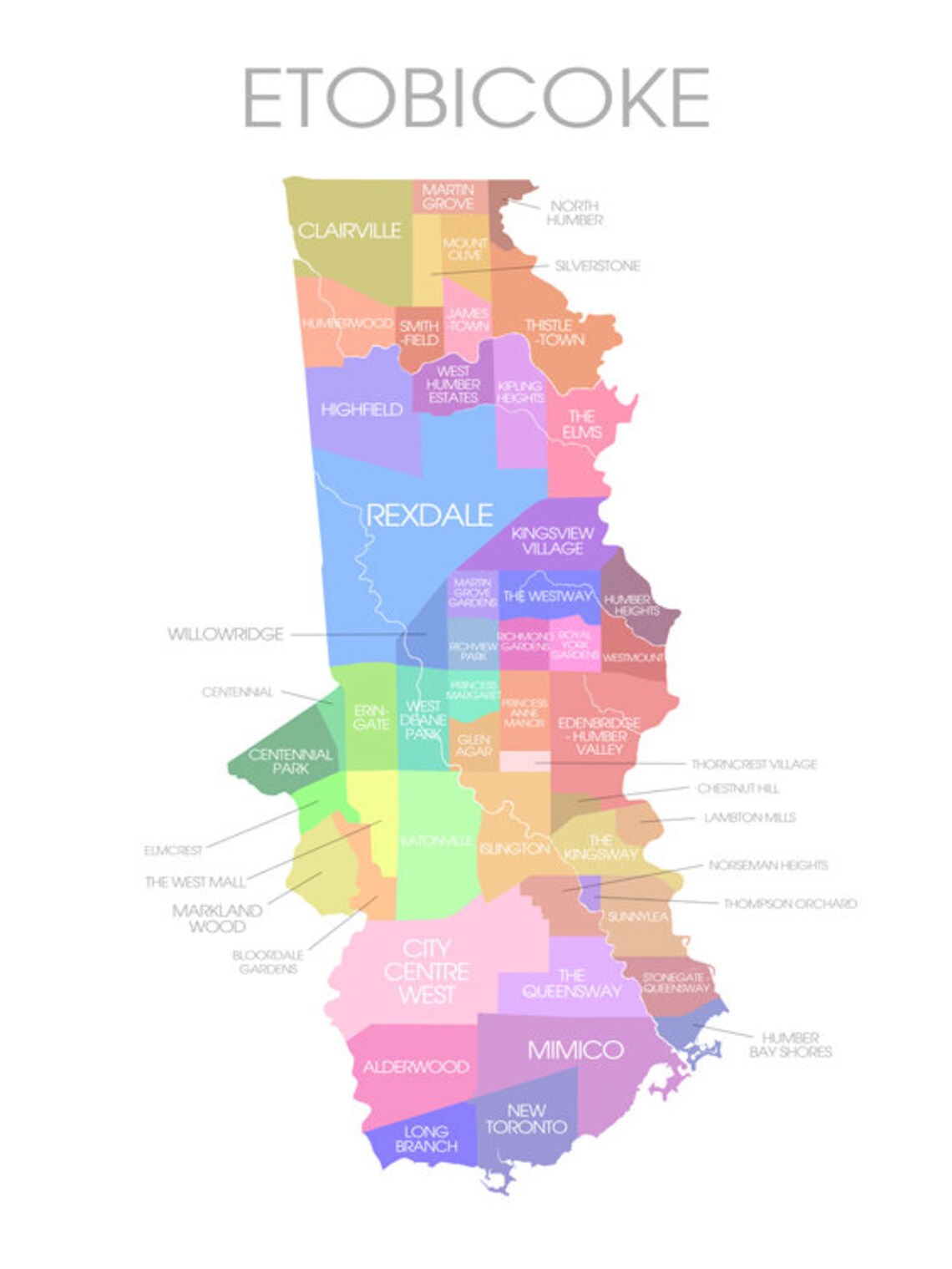 Etobicoke, Toronto, ON Map - Coloured Neighbourhoods Print - Etsy