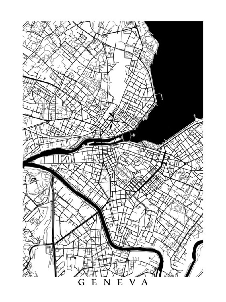 Geneva Map Switzerland Poster Print Black and White - Etsy
