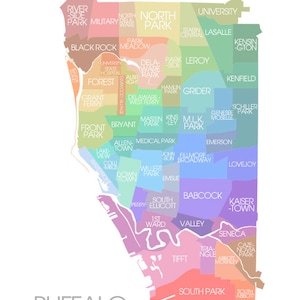 Buffalo, NY Map - Coloured Neighbourhoods Print - Etsy