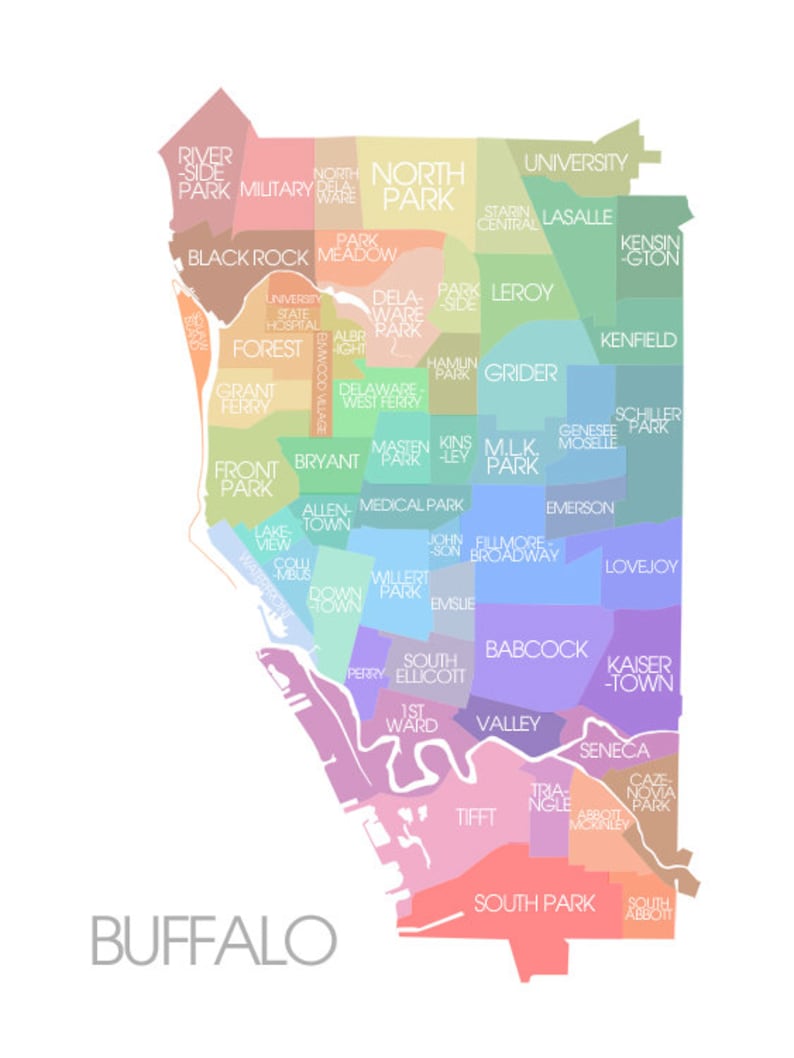 Buffalo, NY Map - Coloured Neighbourhoods Print - Etsy
